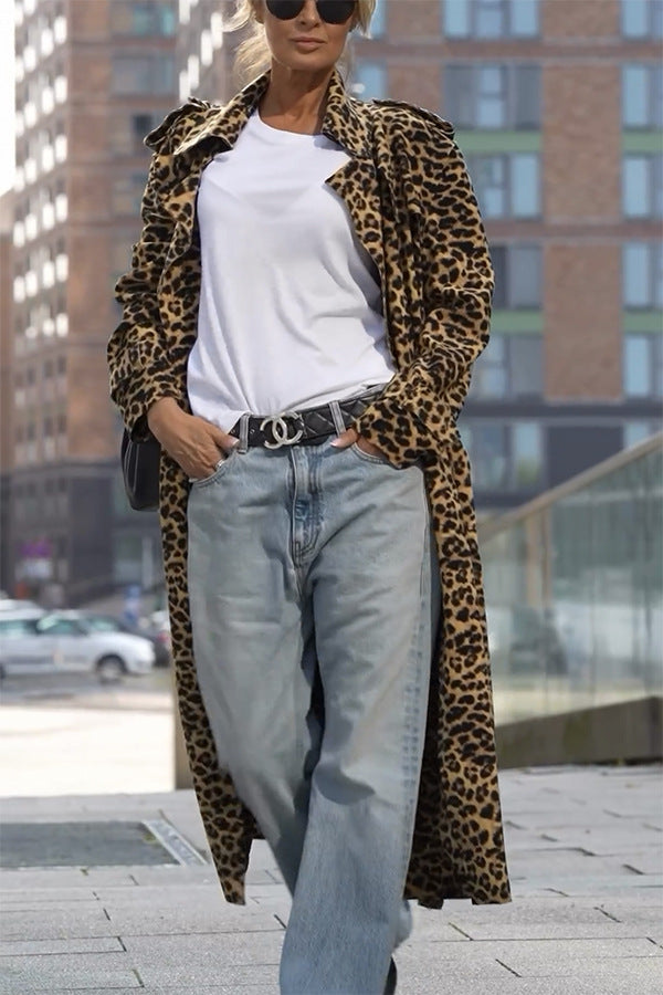 Berg-Feldt | Leoparden Revers Lockerer Langer Trenchcoat – berg-feldt
